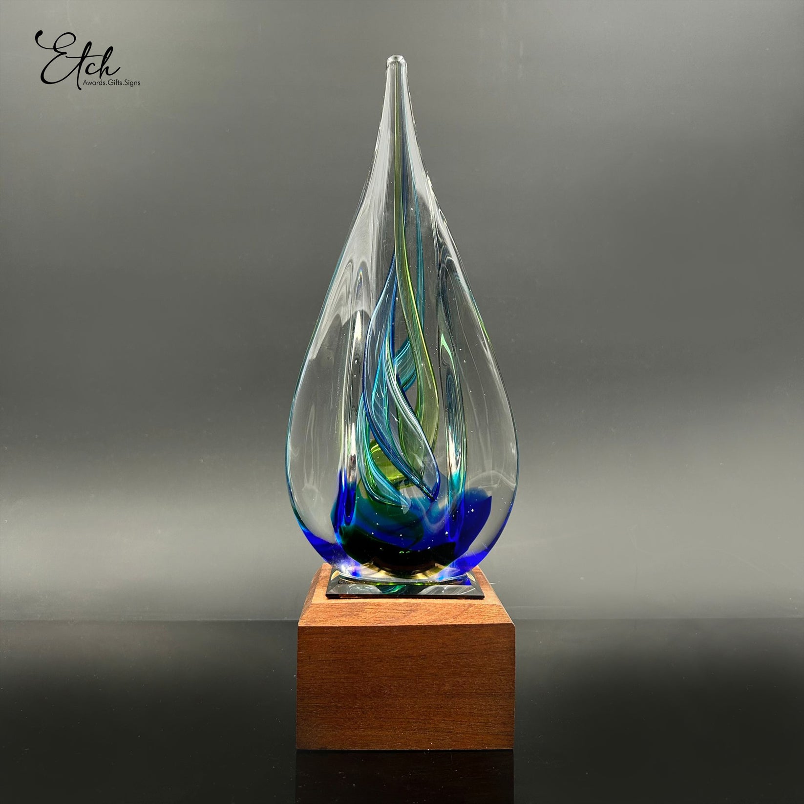 Chromatic Swirl Raindrop Award with Wood Base – Etch