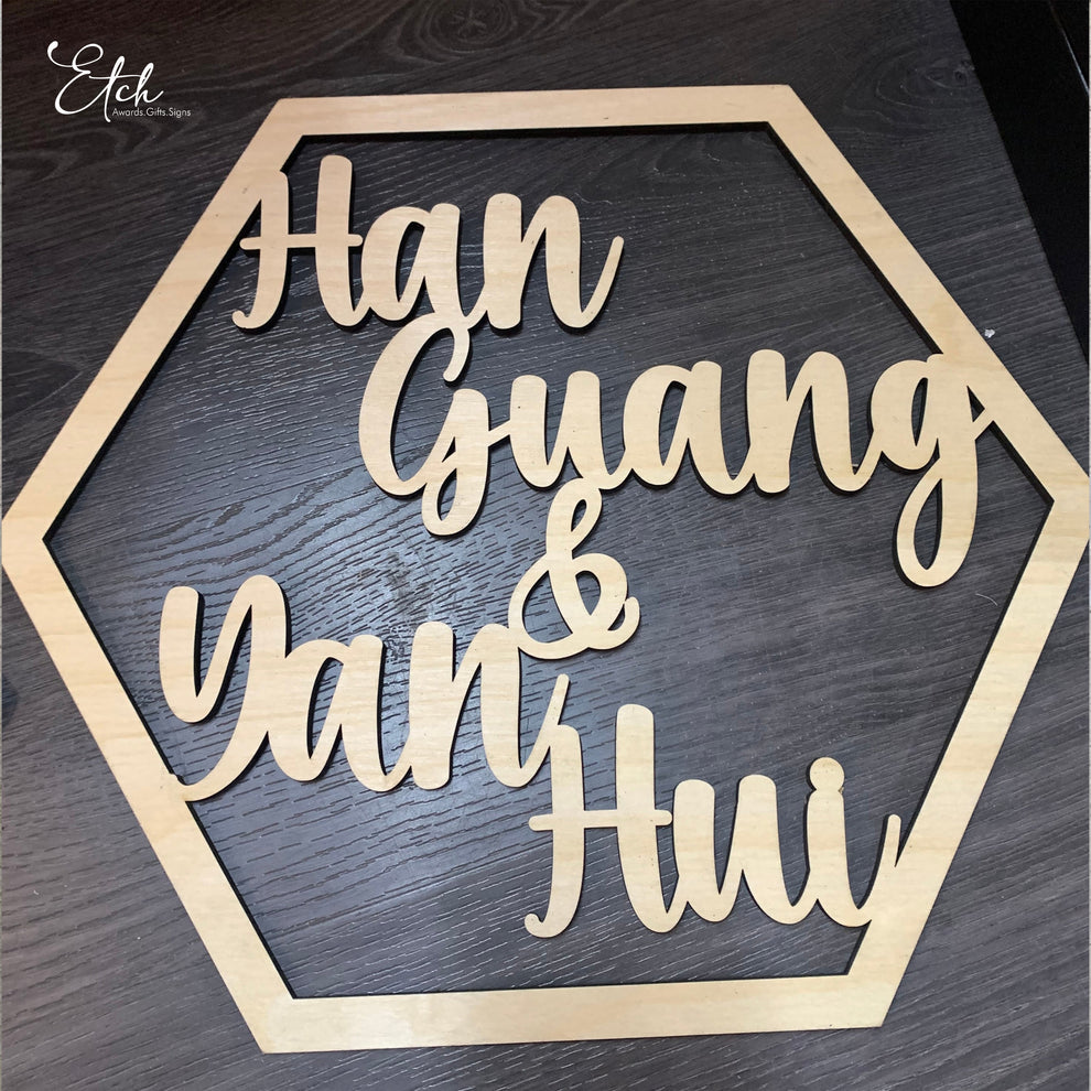 Couple Names in Hexagon Cutout Design – Etch