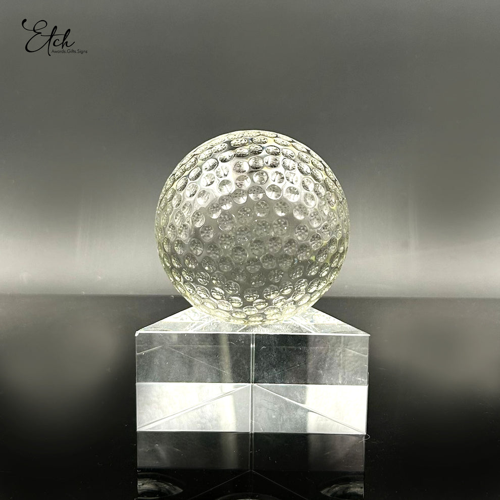 Clear Golf Ball on Triangular Crystal Base Trophy Award – Etch